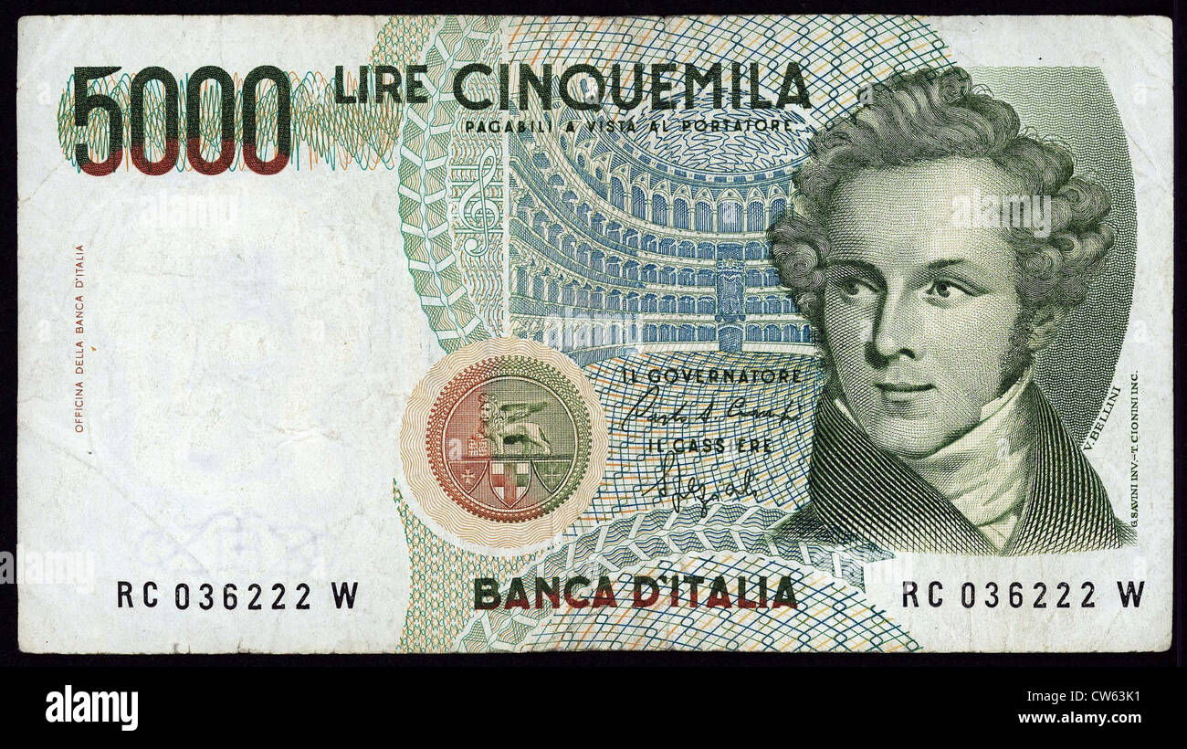 5.000 italienische Lire banknote Stockfotografie - Alamy