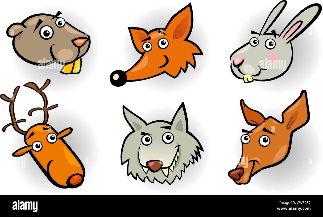 Comic-Illustration von verschiedenen lustig Wald Tiere Köpfe Set: Biber ...