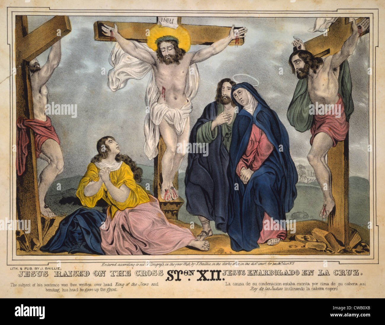 Jesus Christus, Jesus am Kreuz erhöht, Mary (zweiter von rechts), trauert unten, James S ...
