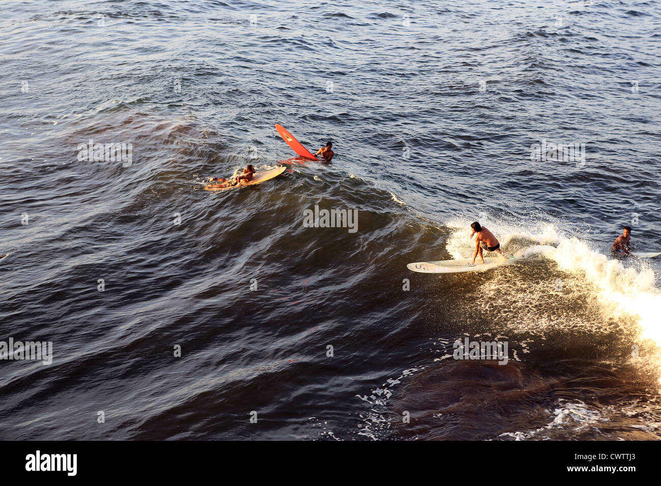 Langes Brett Surfer Surfen von einer Welle an Batu Karas in West-Java ...