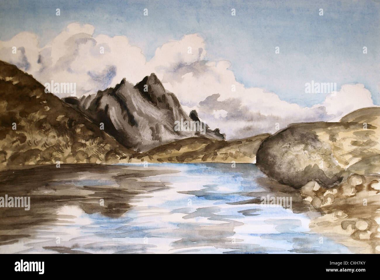 Bergsee, See, Wasser, Felsen, Ruhe, Erde und Himmel, Malerei, Wolken ...