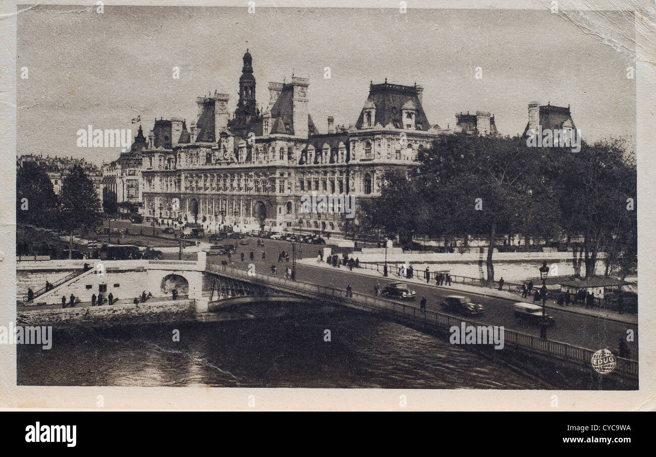 Das Rathaus von Paris in eine alte Postkarte Stockfotografie - Alamy