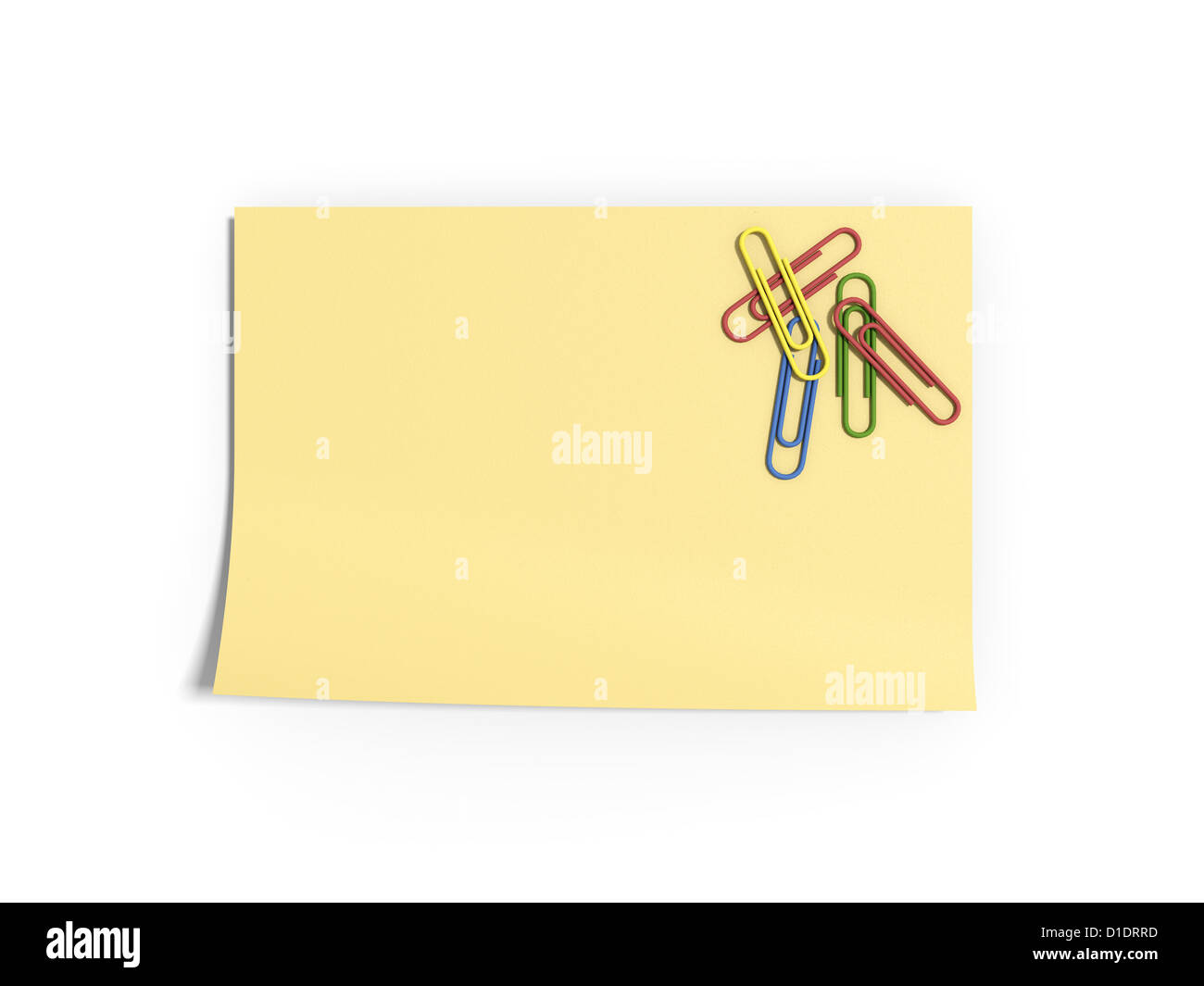 Gelbe Zettel mit Büroklammern in einem weißen Hintergrund isoliert ...