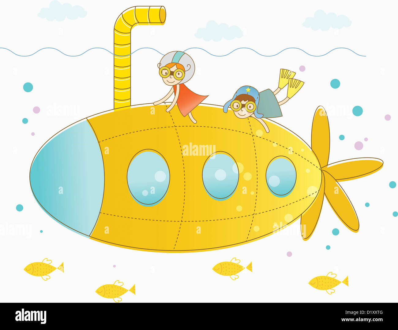 Illustration des menschlichen Comic-Figuren und ein u-Boot ...