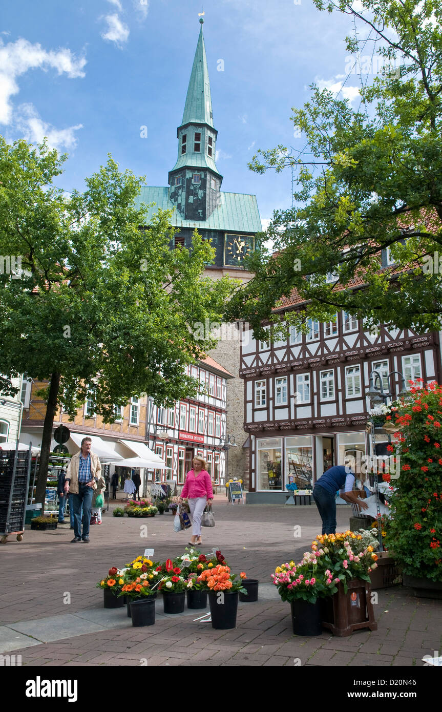 Blumen stehen auf dem Marktplatz, St. Aegidien Kirche, Holz gestaltete ...