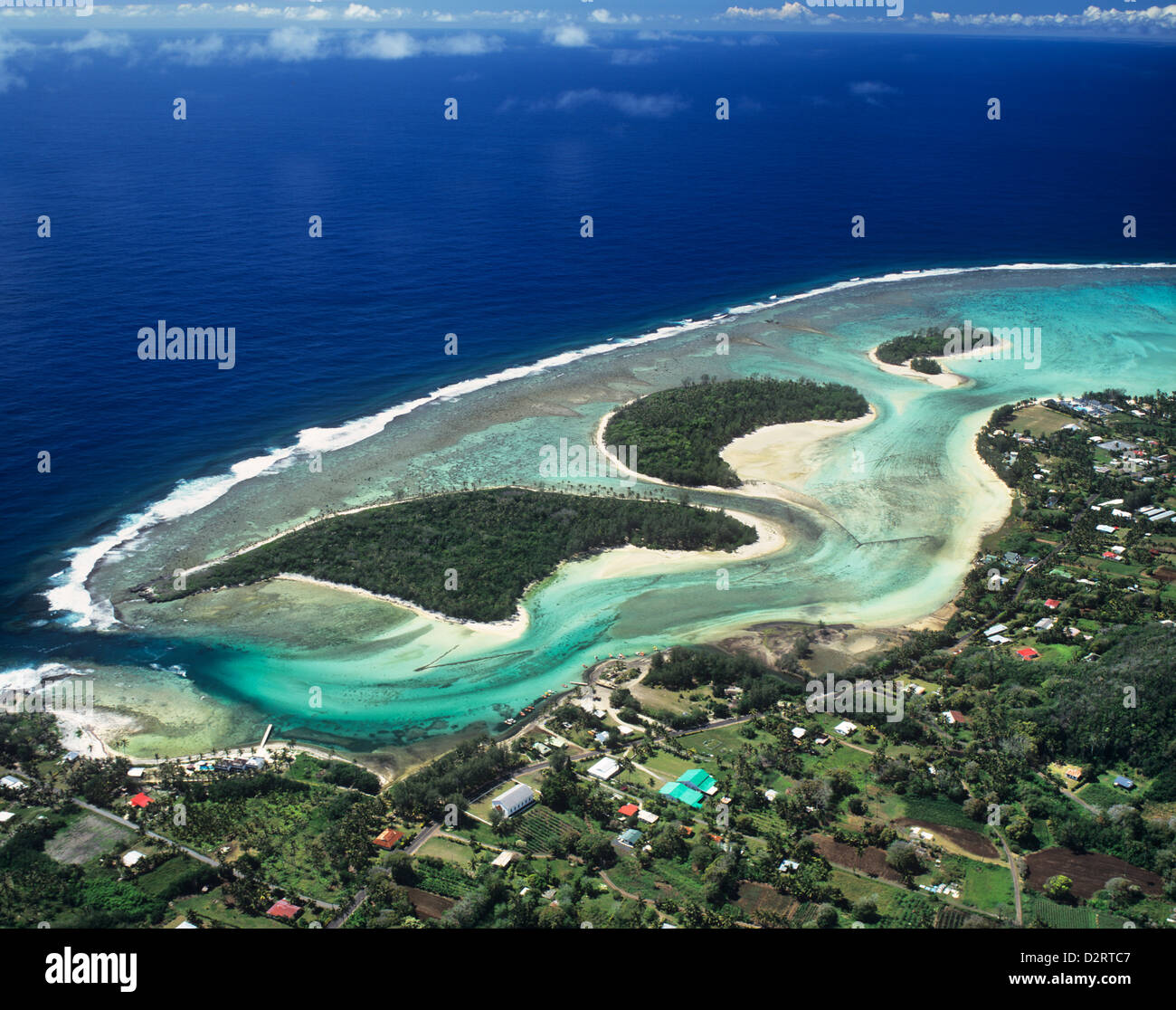 Cook Islands, Rarotonga, Luftaufnahme von Muri Lagoon mit Motus Onero ...