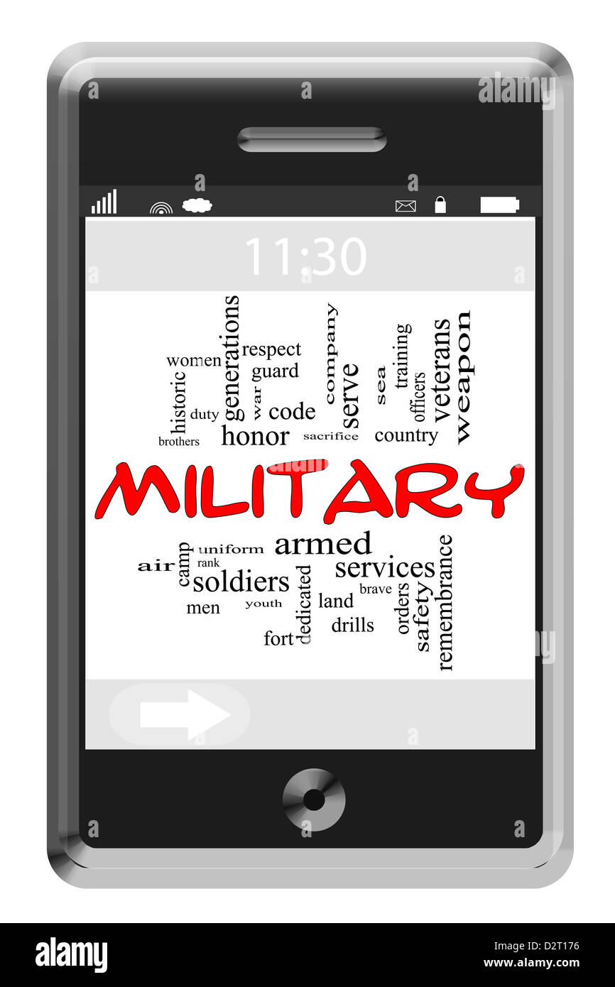 Word Cloud-Konzept von Touchscreen-Handy mit großen Begriffe wie Brave ...