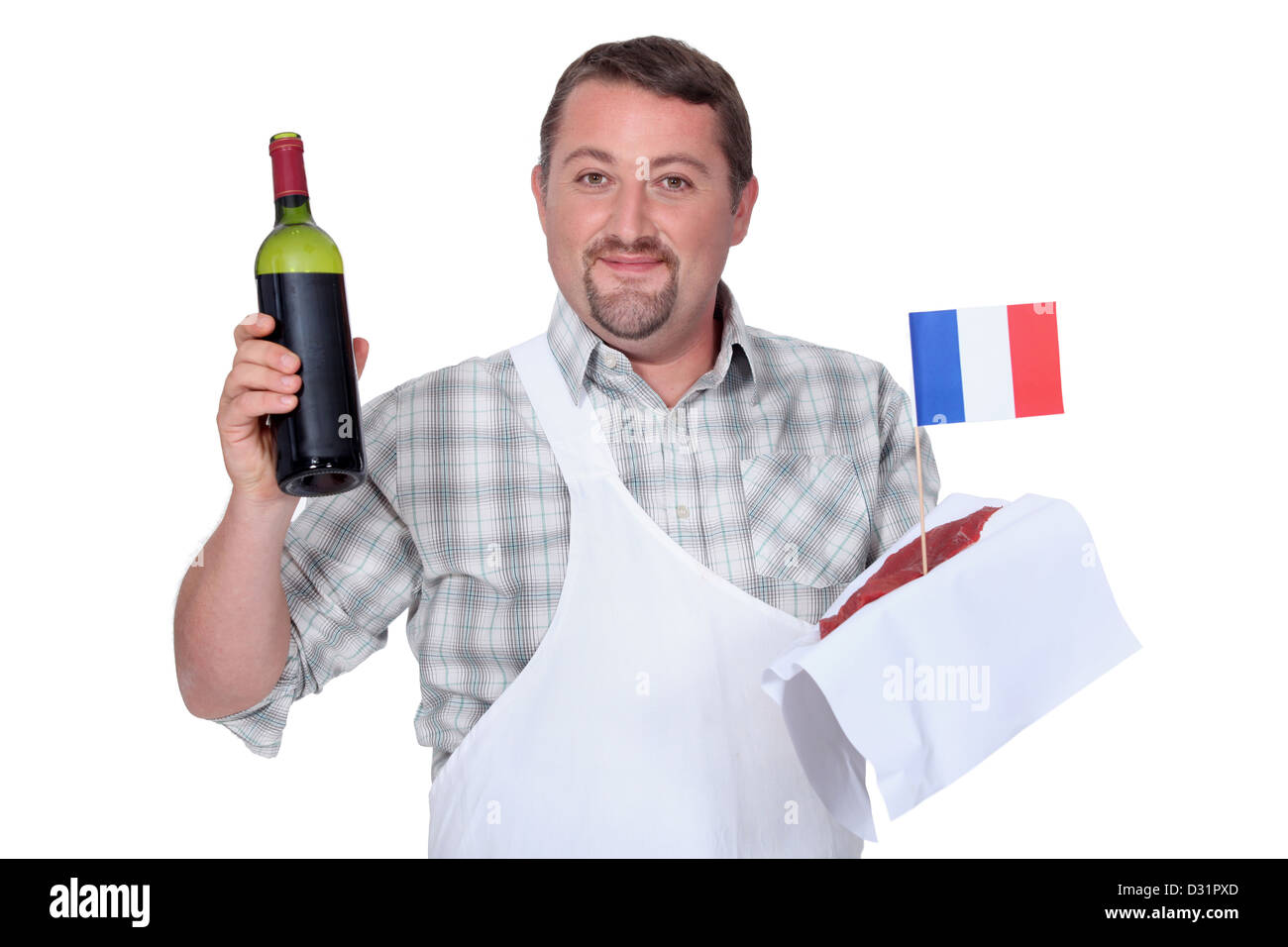 Franzose mit einer Flasche Rot und ein rohes steak Stockfotografie - Alamy