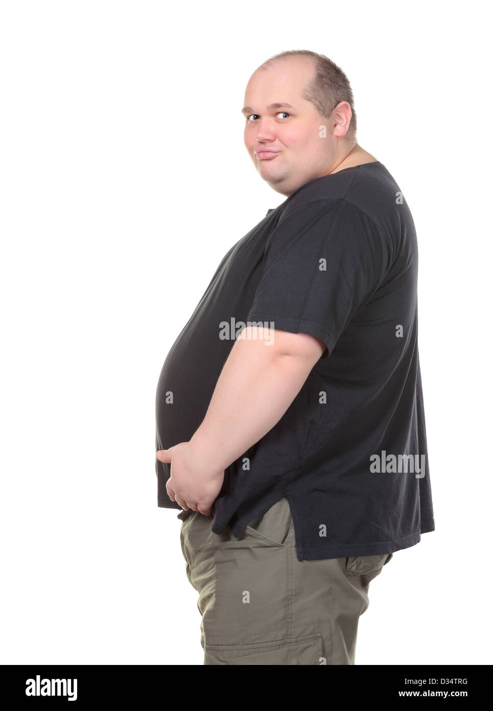Fat Man Standing in Profil und halten ihren Bauch, auf weißem ...