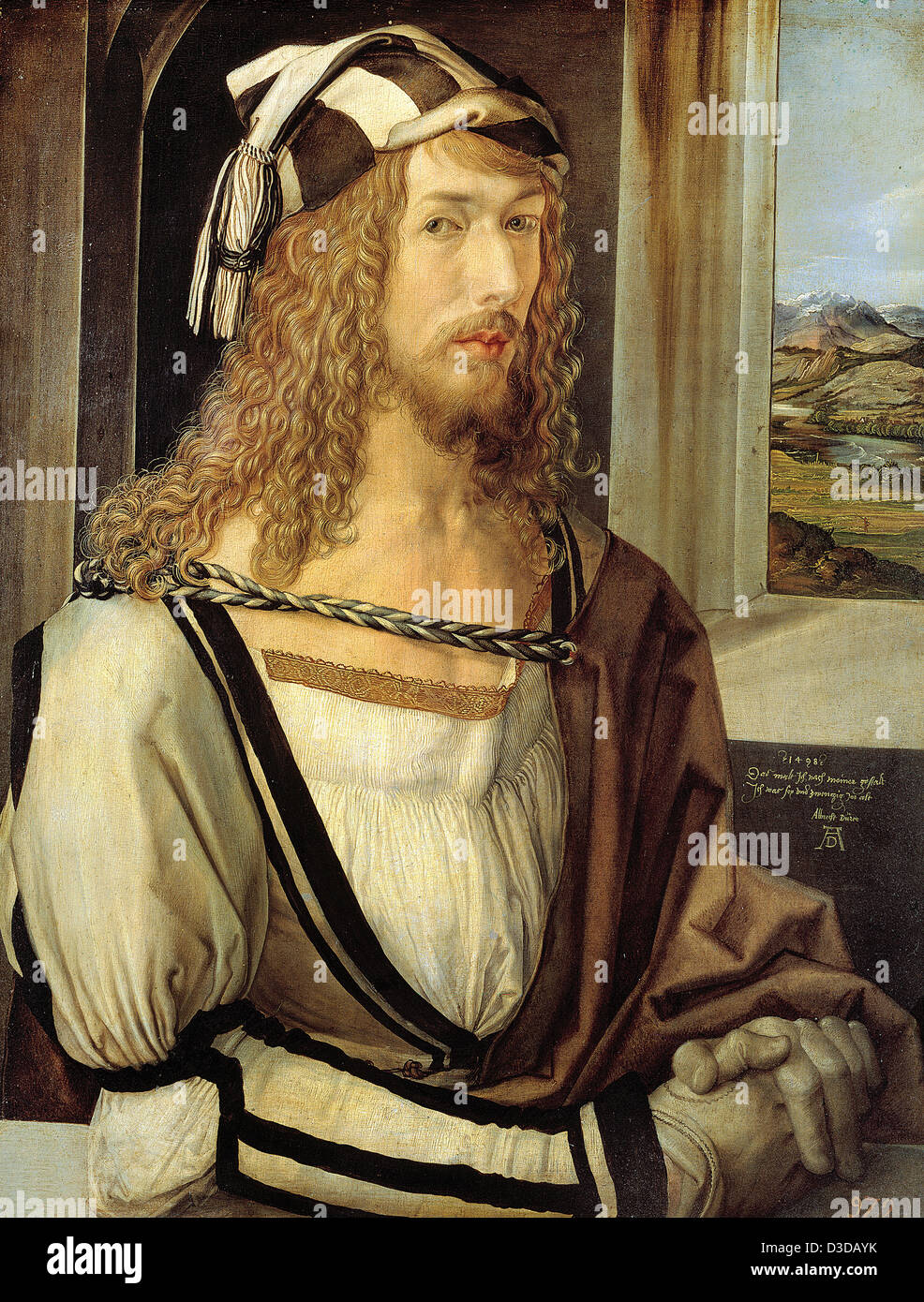 Albrecht Dürer, Selbstbildnis 1498 Öl auf Holz. Museo del Prado, Madrid ...