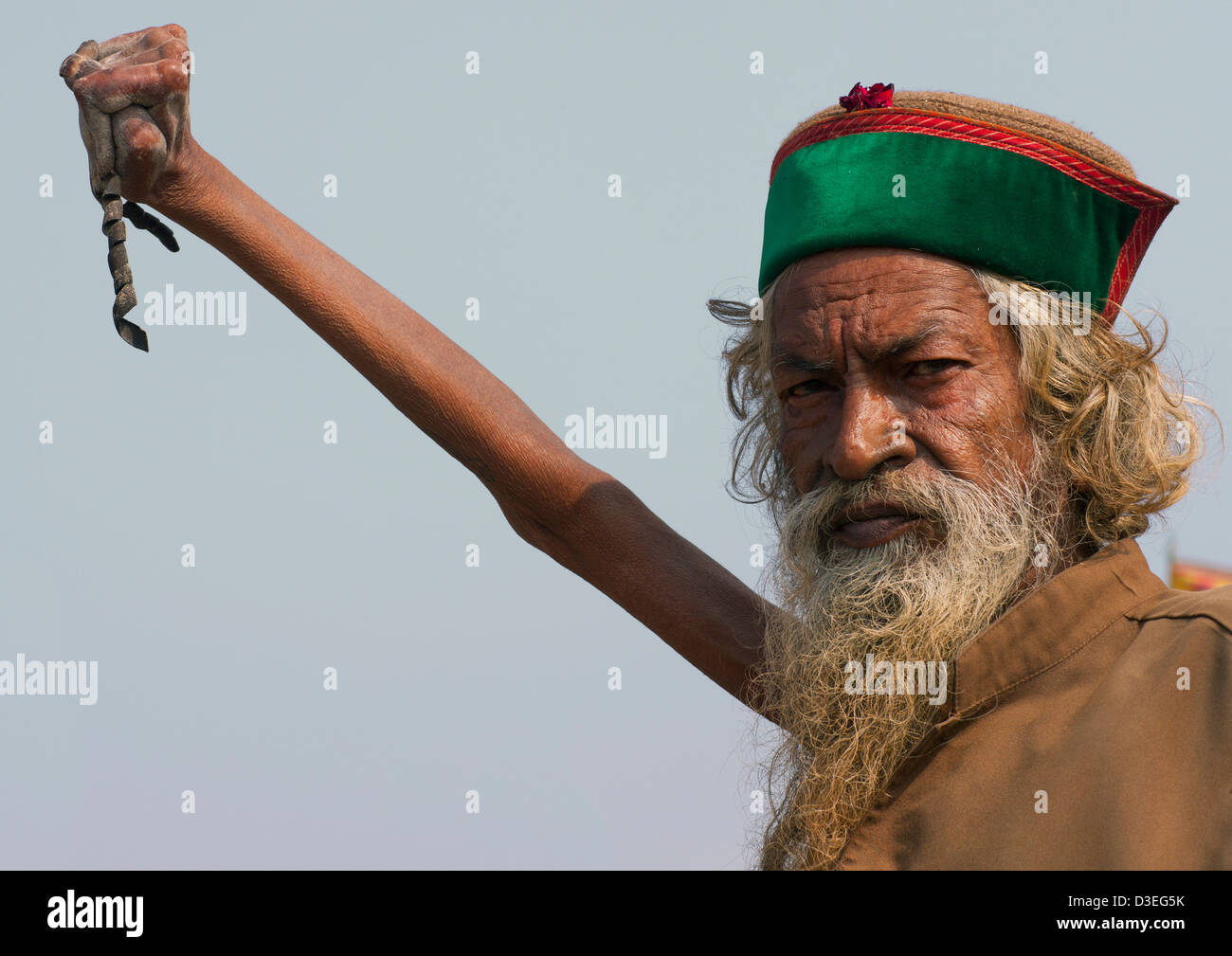 Sadhu Amar Bharati hält seinen Arm, für 38 Jahre, Maha Kumbh Mela ...