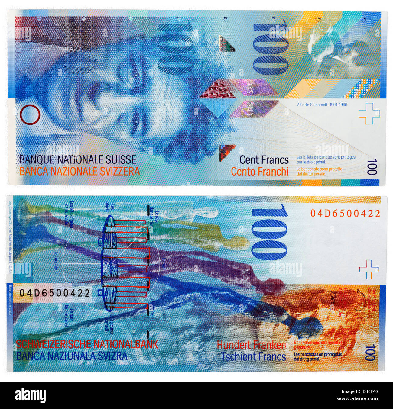 100 Franken-Banknote, Alberto Giacometti, Schweiz, 2004 Stockfotografie ...