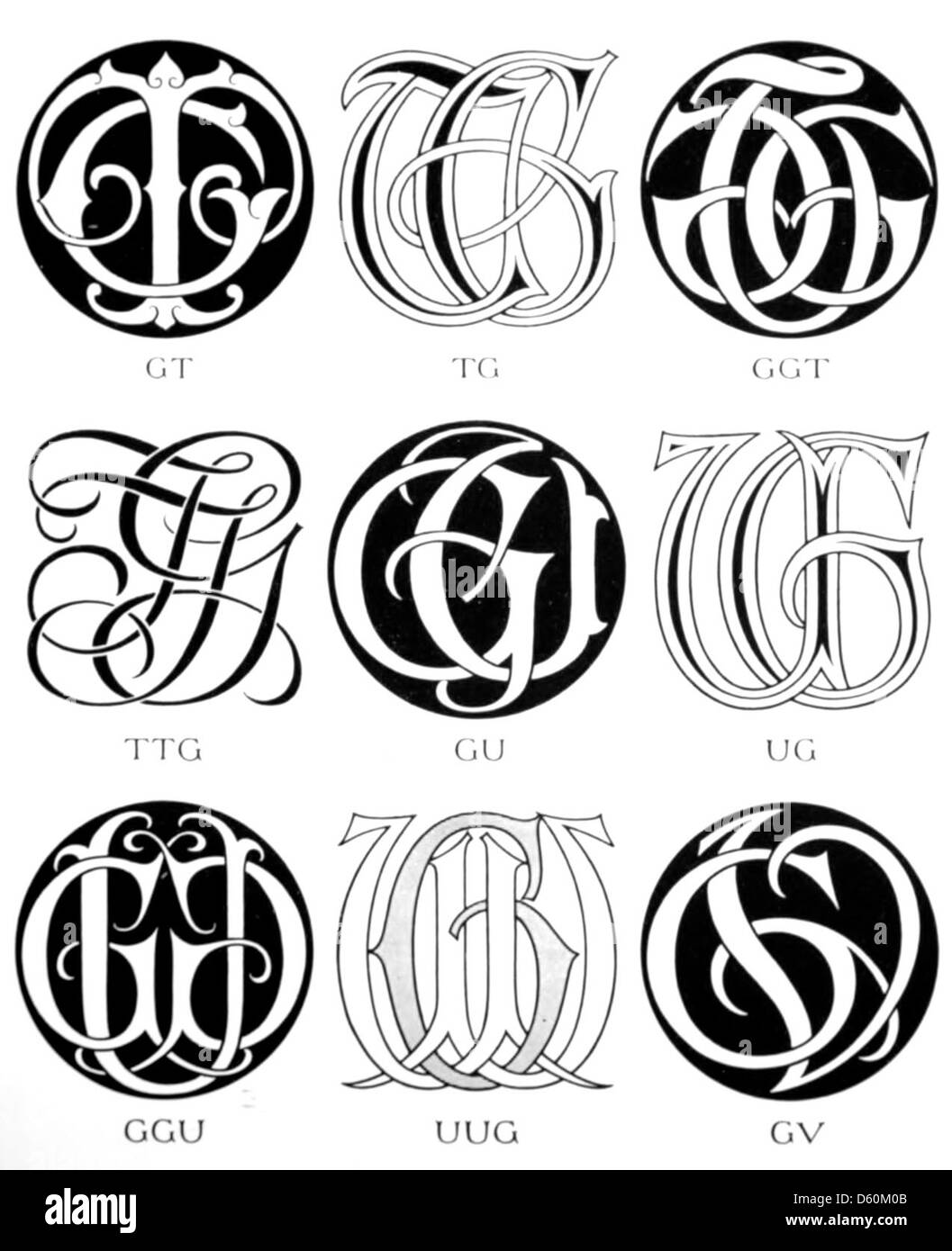 Dieses Design aus dem Jahr 1906 zeigt eine Sammlung von Monogrammen und ...