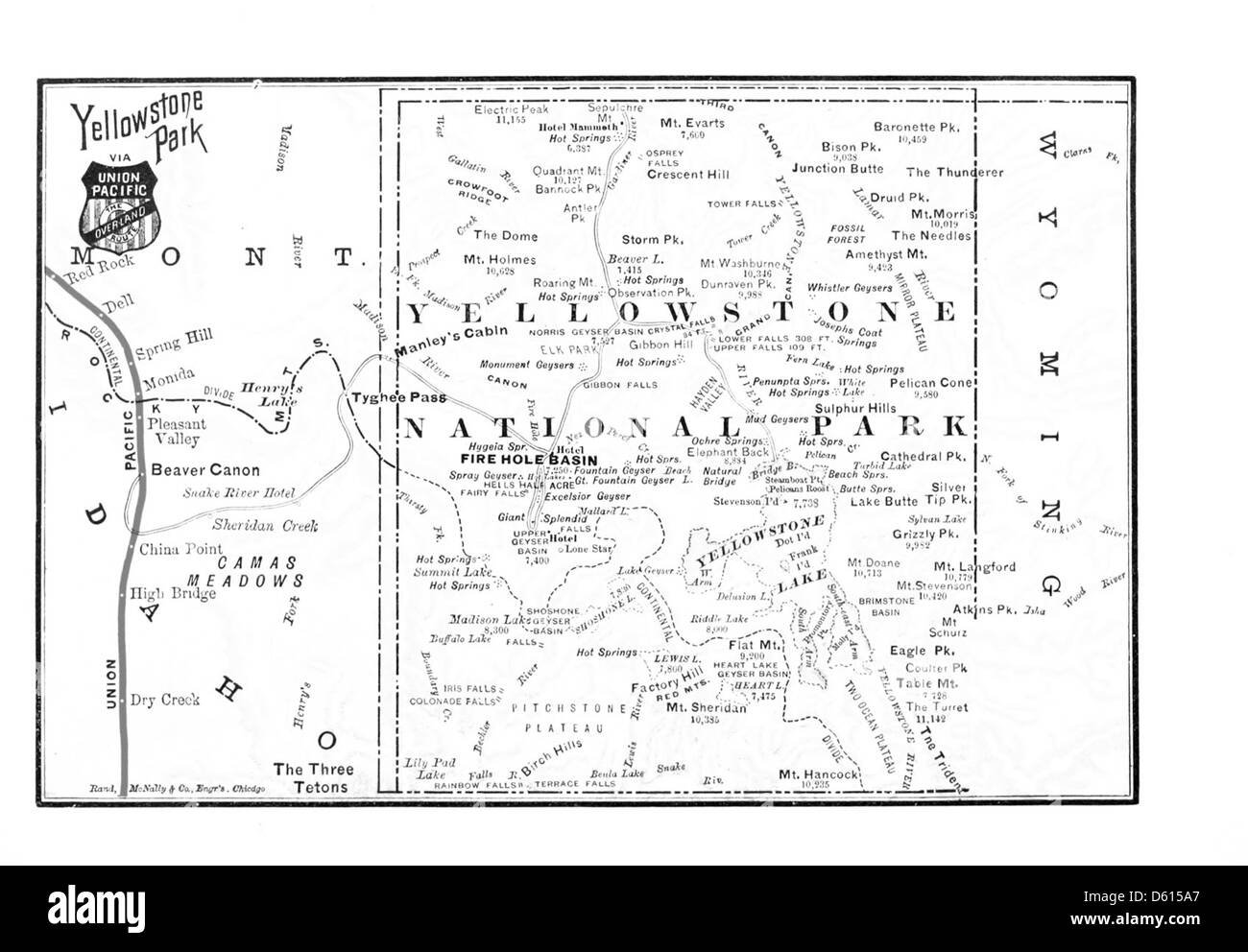 Eine Karte des Yellowstone-Nationalparks aus dem Jahr 1891, die die ...