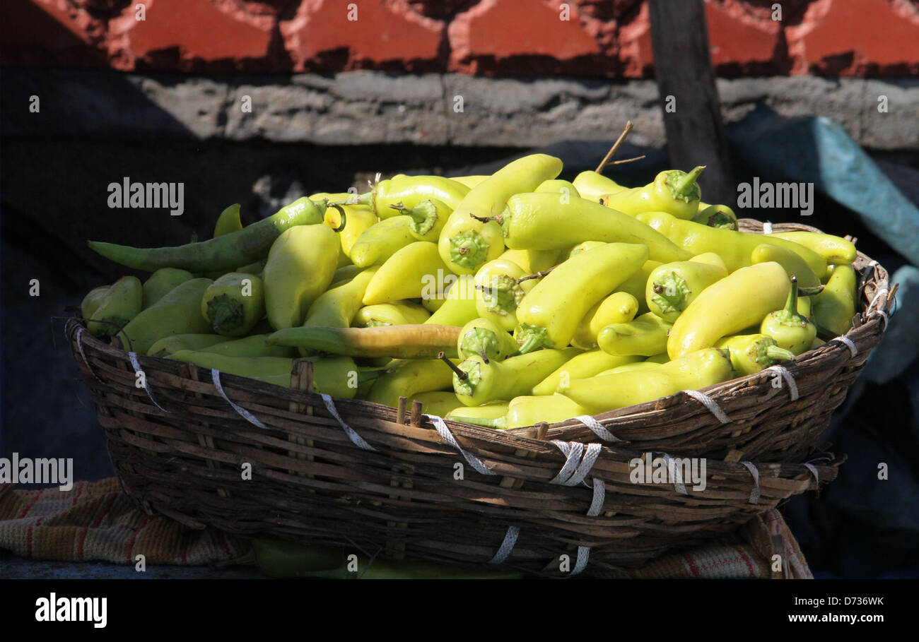 Große grüne Chilischoten in einem Korb Stockfotografie - Alamy