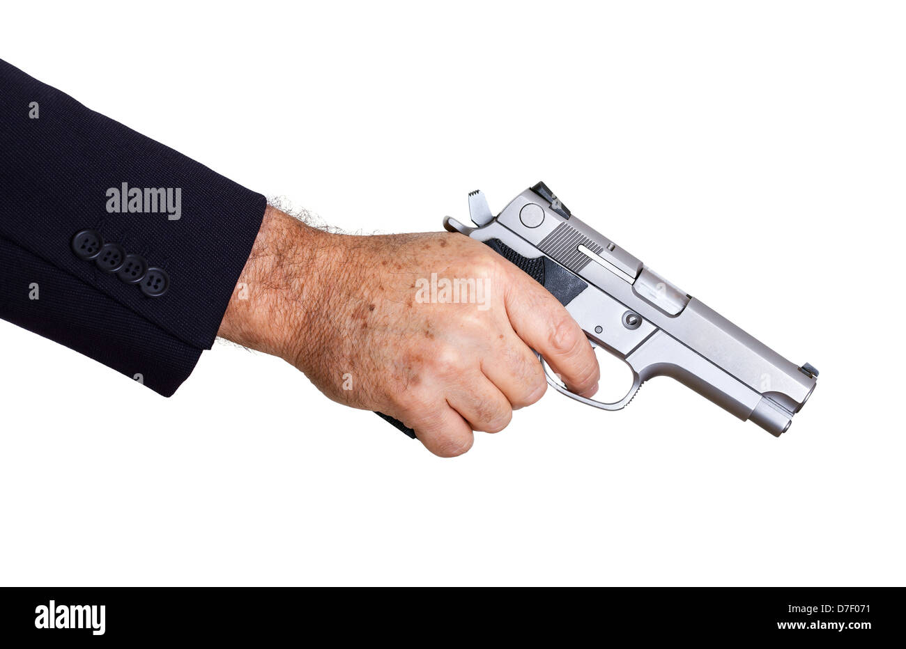 Die Hand reifer erwachsener Mann Anzug mit 9mm Pistole seine Rechte ...