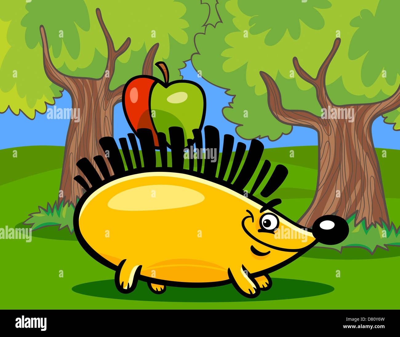 Cartoon-Illustration der Igel mit Apfel im Wald Stockfotografie - Alamy
