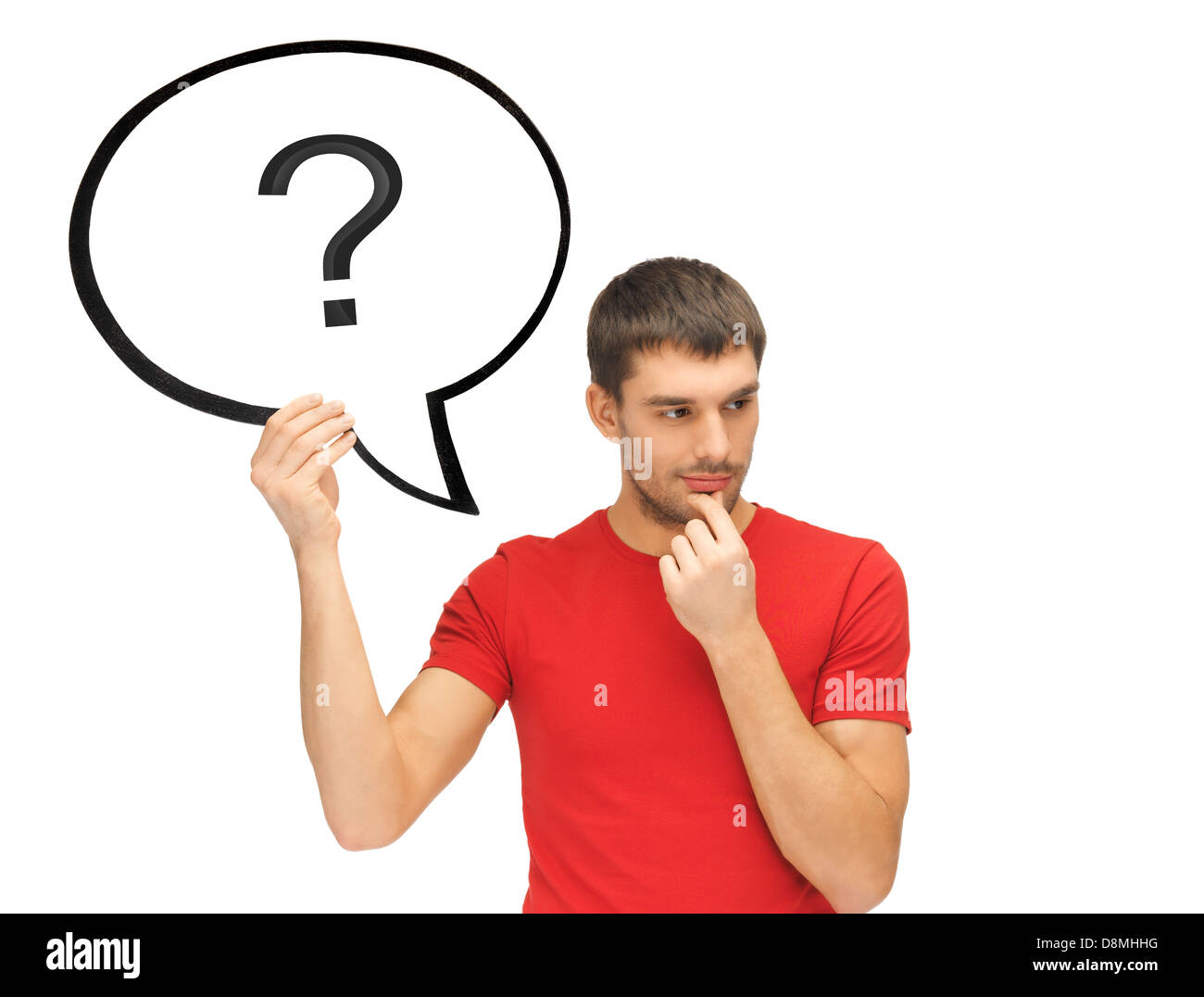Mann mit Fragezeichen im Text Blase Stockfotografie - Alamy