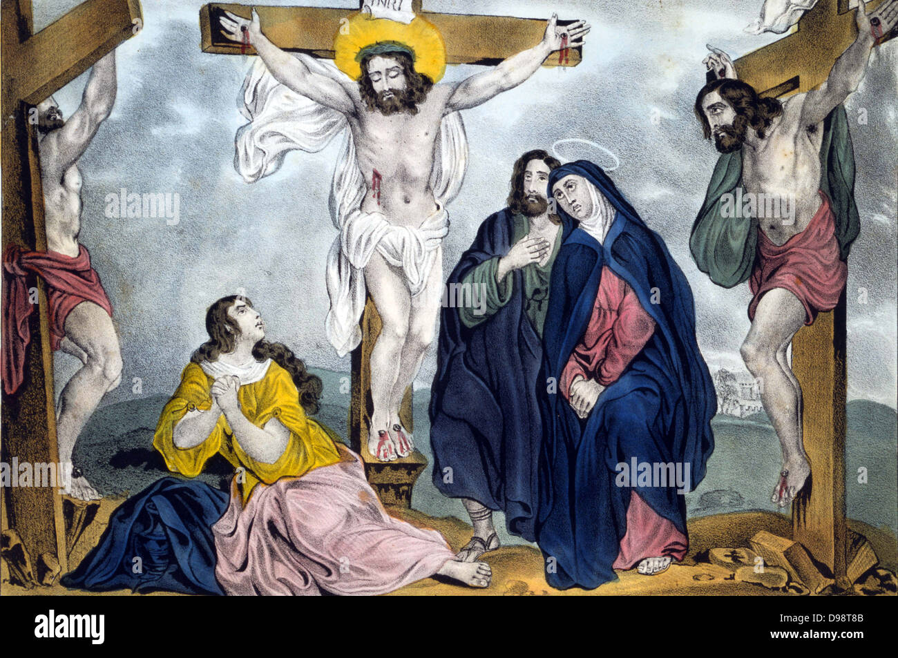Kreuzigung: Jesus am Kreuz zwischen den beiden Räubern. Jungfrau Maria, rechts, mit James, und ...