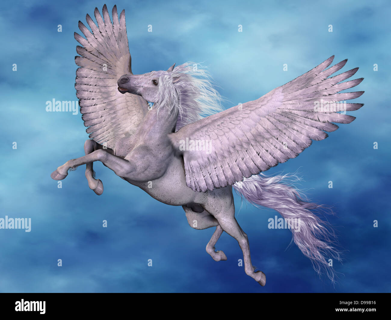 Ein weißer Pegasus fliegt auf schönen weißen Flügeln durch die Himmel ... Ein weißer Pegasus fliegt auf schönen weißen Flügeln durch die Himmel ...