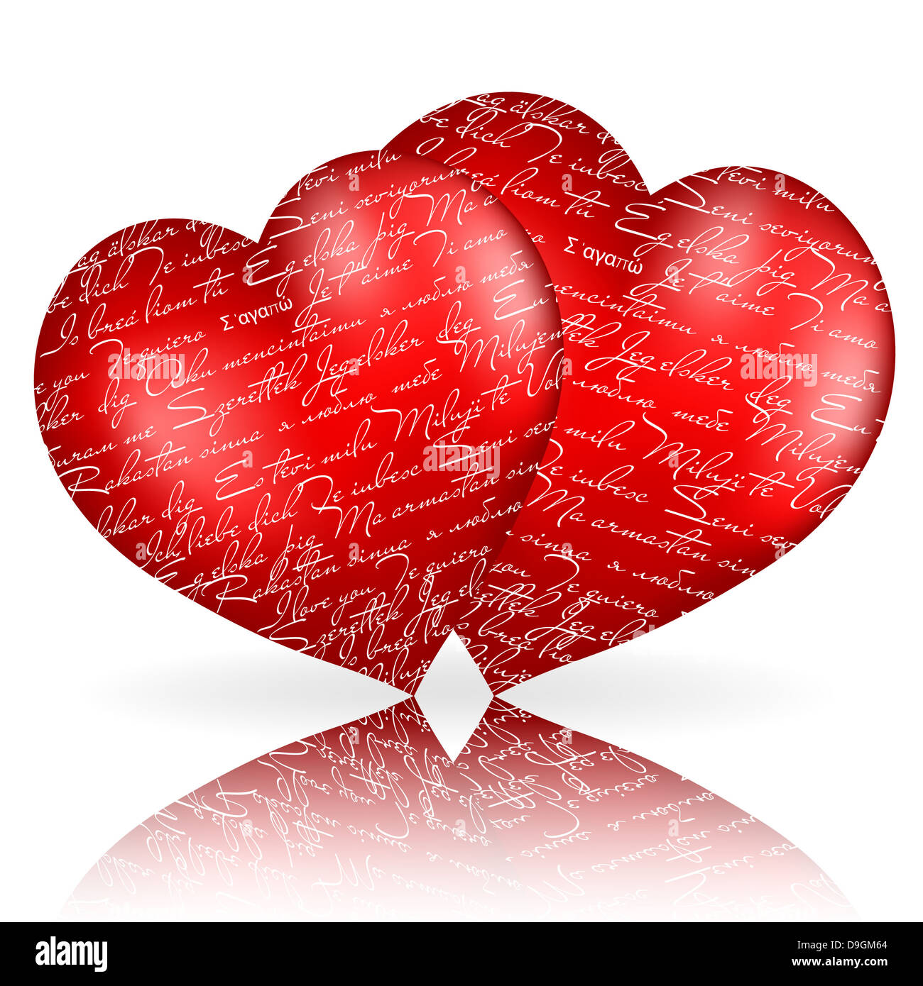 Zwei rote Herzen mit "Ich liebe dich" in verschiedenen Sprachen. Eps10 ...
