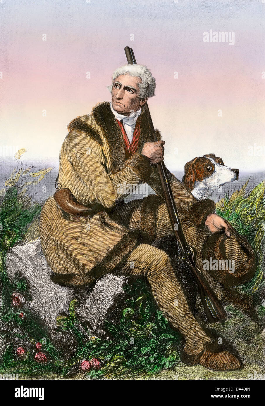 Daniel Boone, Pionier von Kentucky, mit seinem Gewehr und Hund ...