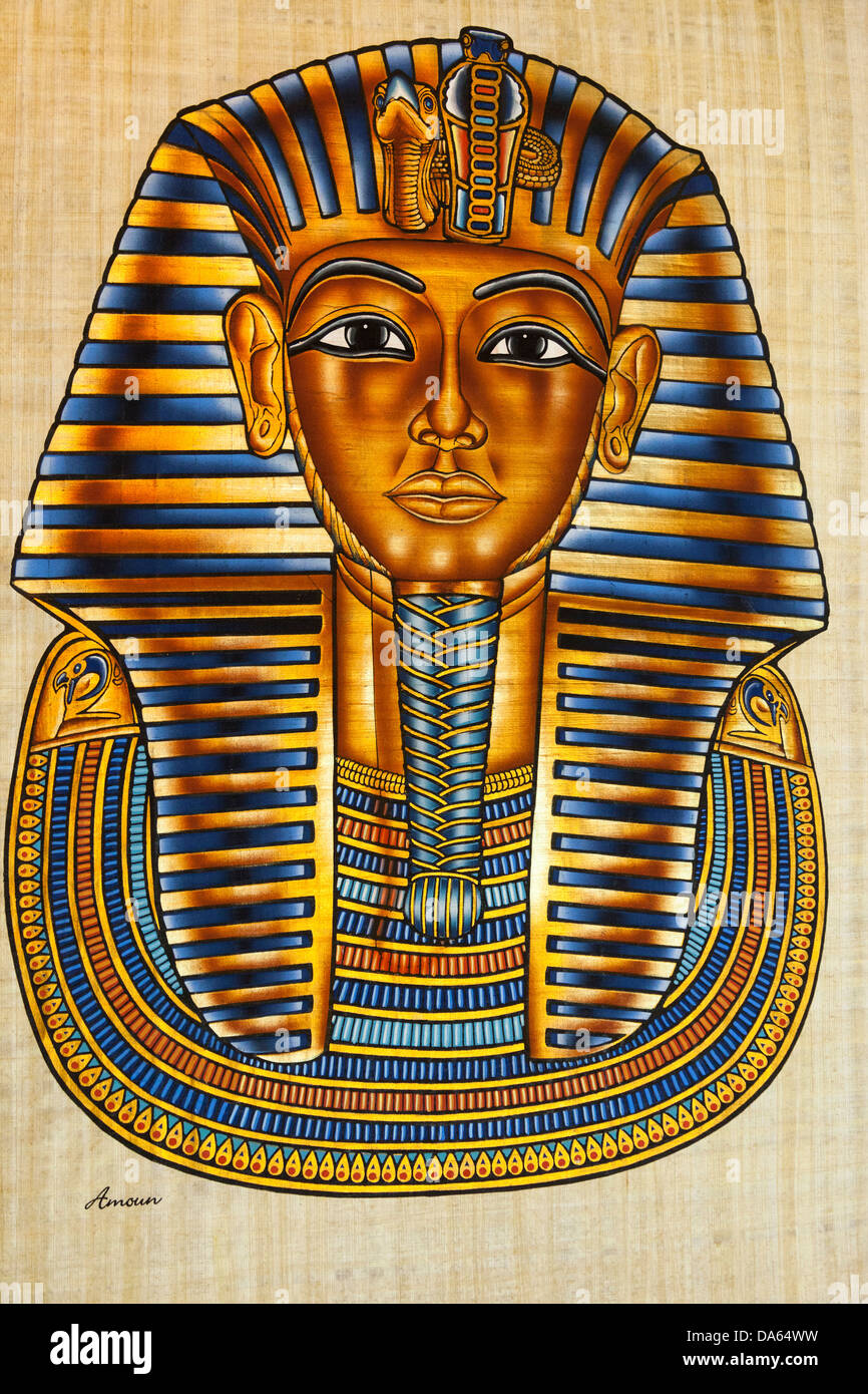 Gemälde von Tutanchamuns Totenmaske auf Papyrus Papier, Kairo, Ägypten ...