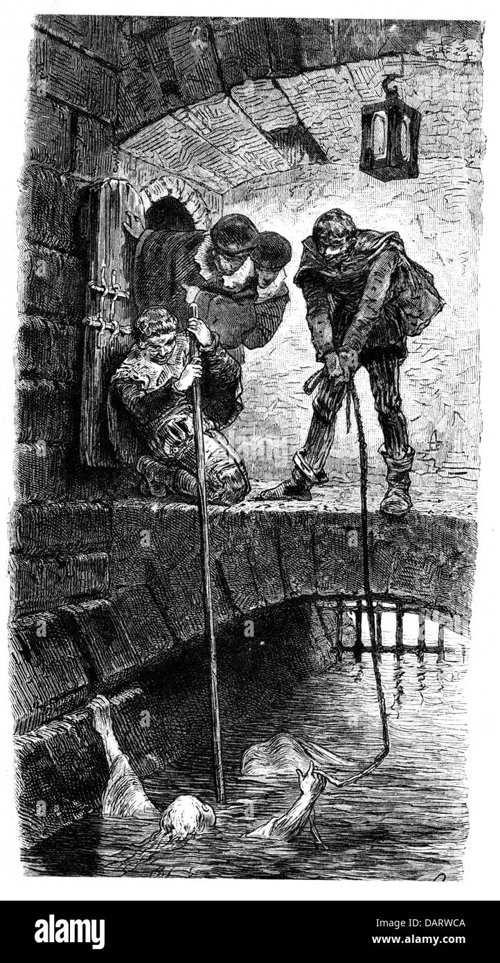 Hexen, Hexenjagd, Hexenbad im Mittelalter, Holzstich, 19. Jahrhundert ...