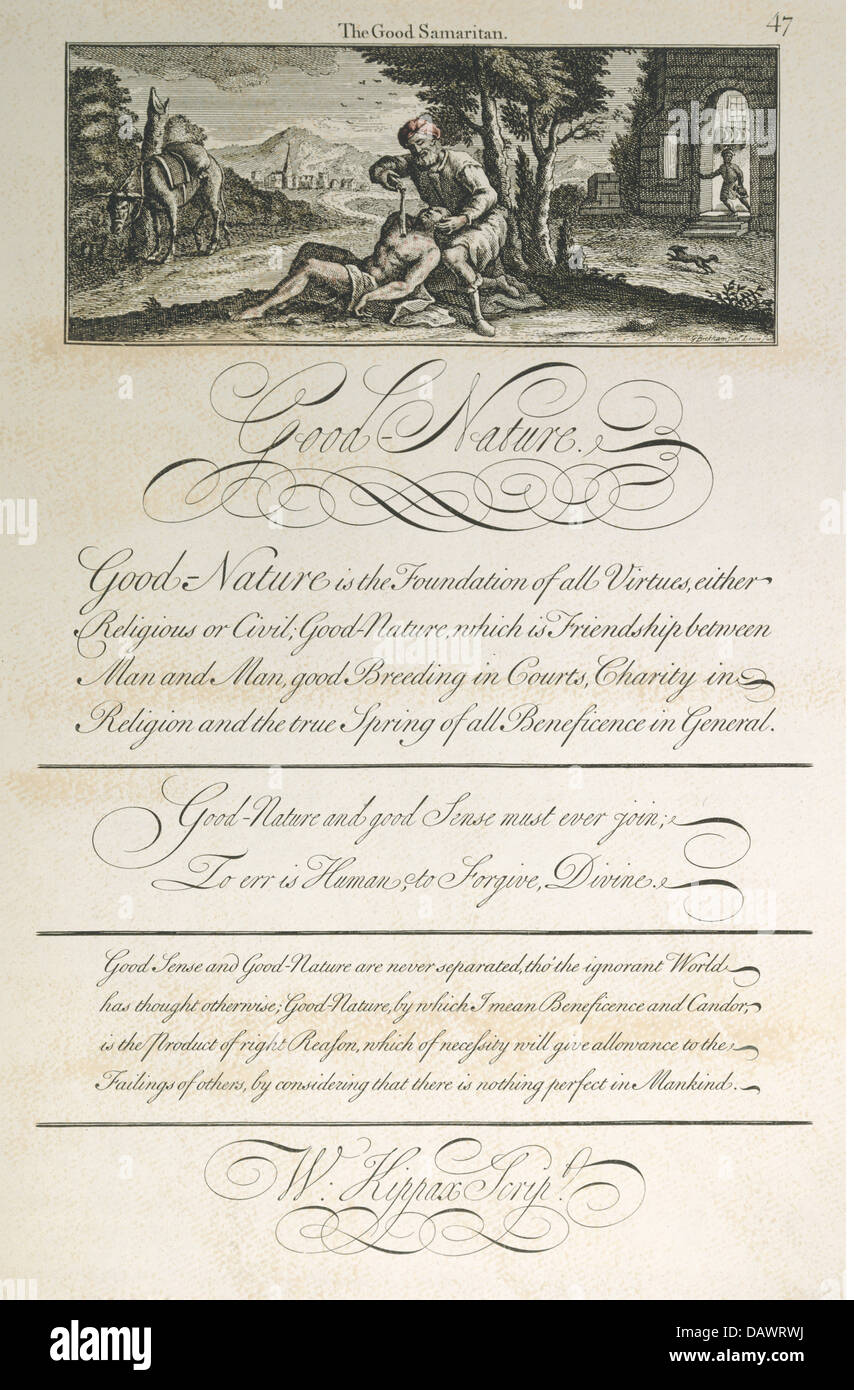 Schrift, Handschrift, 'Good Nature', mit Vignette 'The Good Samaritan ...