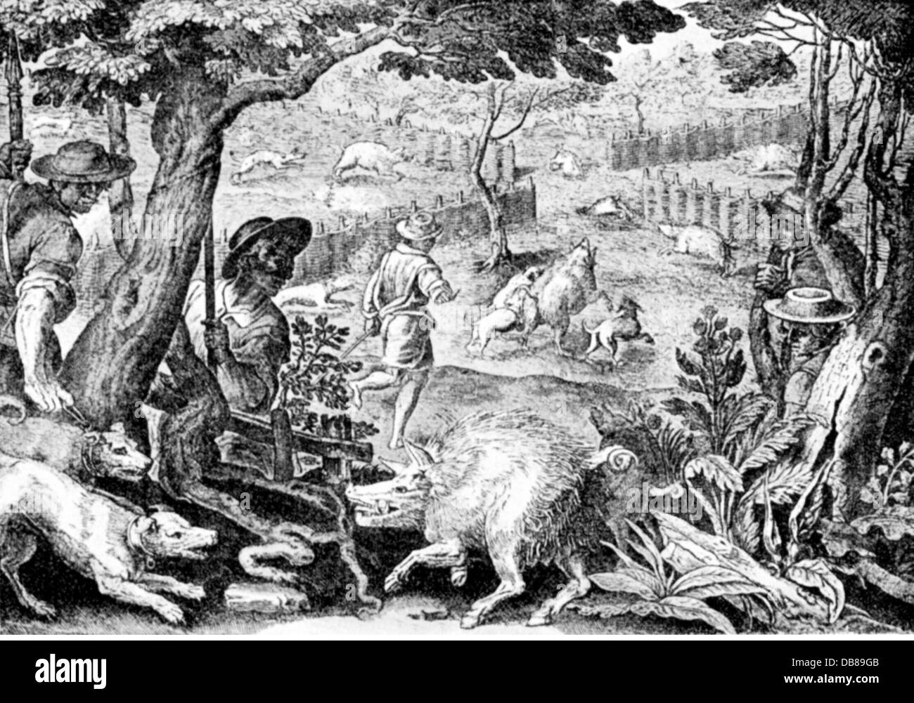 Hunt, Wildschweine, Wildschweinjagd im Gehäuse, nach Kupferstich von ...