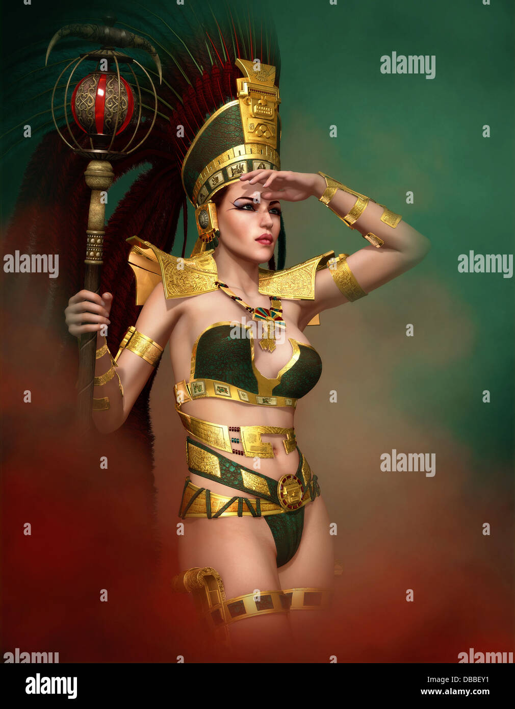 3D Computergrafik von eine Frau mit einer alten fantasy-Kleid und eine Feder Kopfschmuck auf dem ...