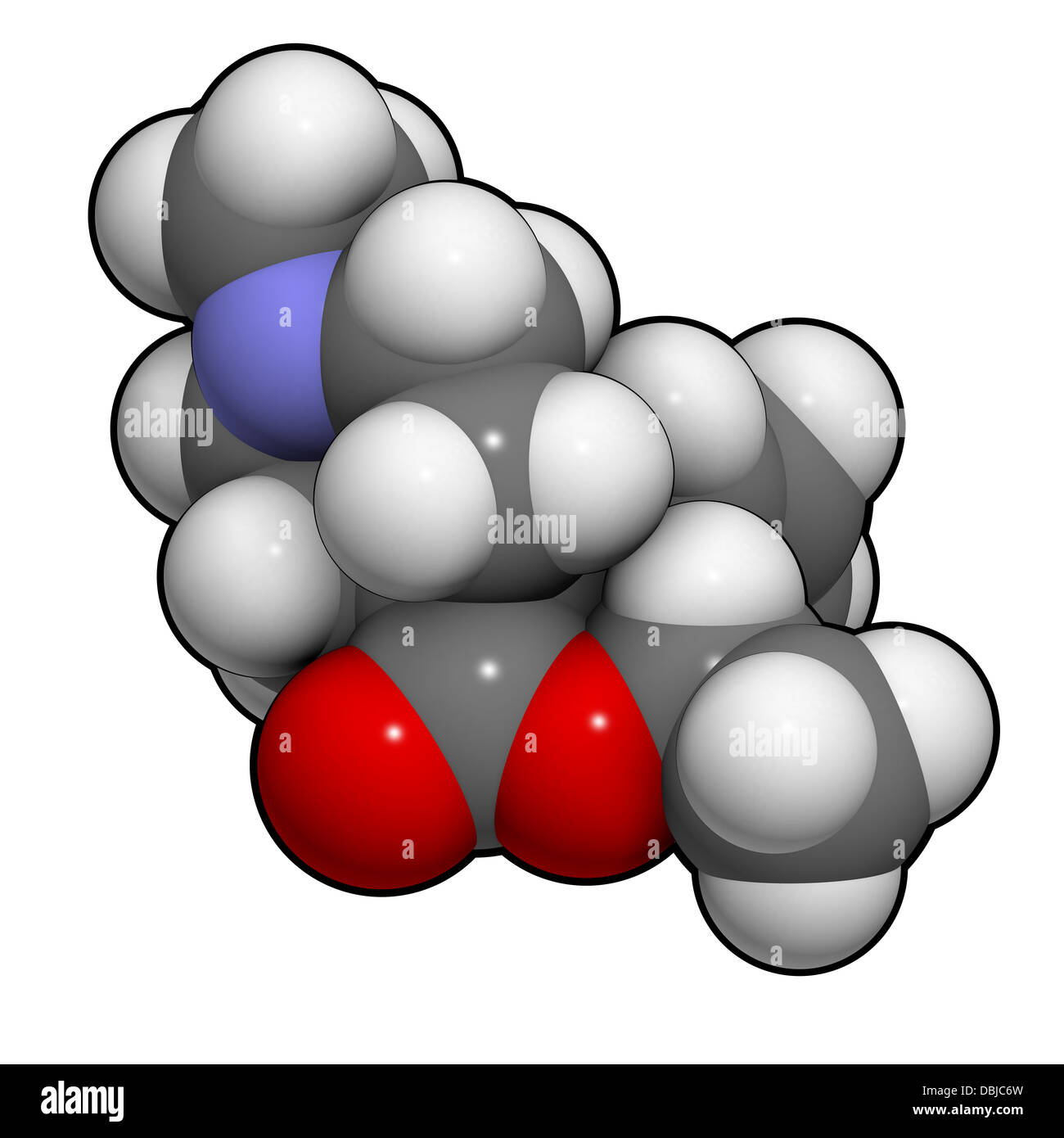 Pethidin opioid Analgetikum, chemische Struktur. Atome werden als ...
