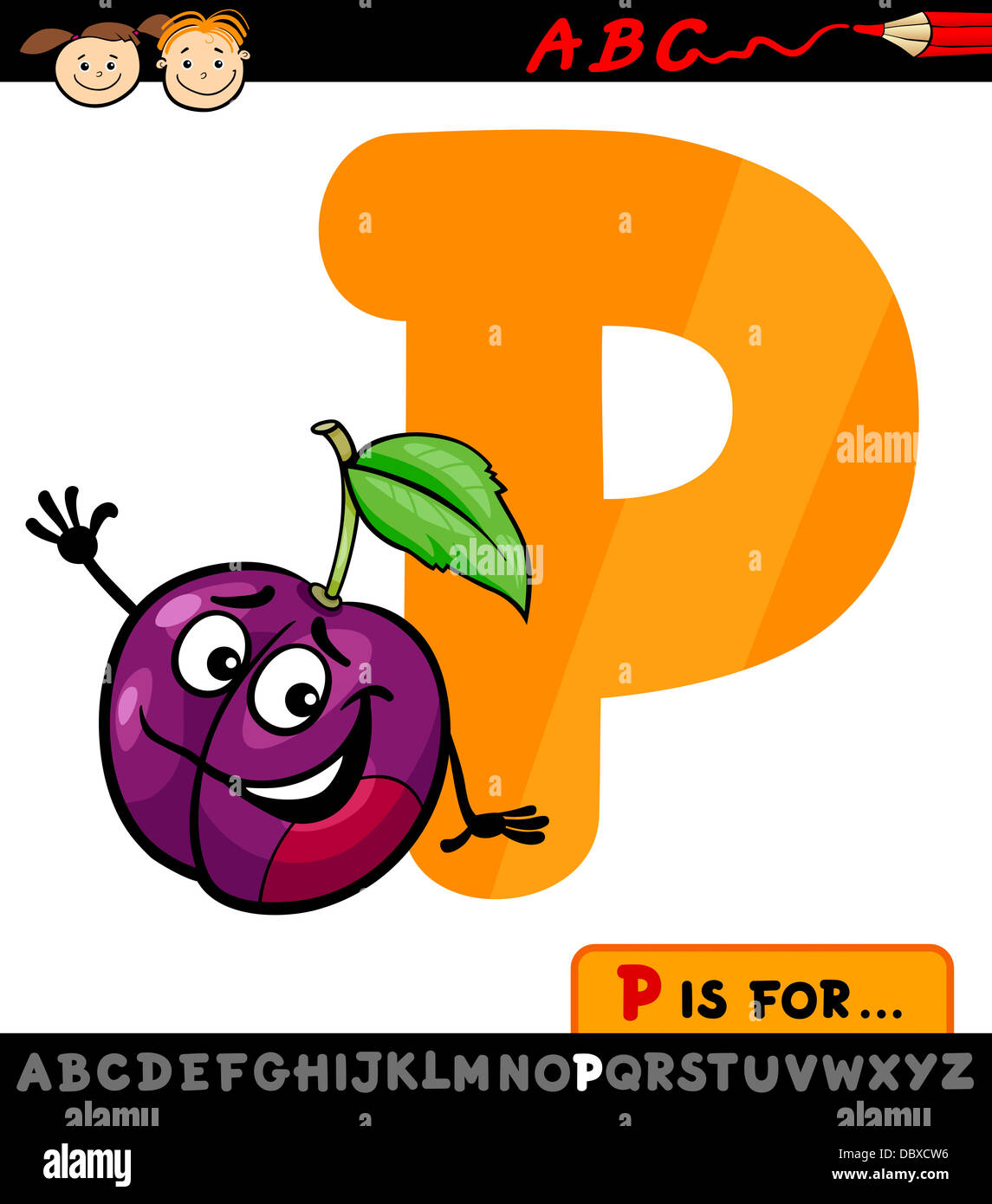 Cartoon Illustration der Großbuchstabe P aus Alphabet mit Pflaume für ...