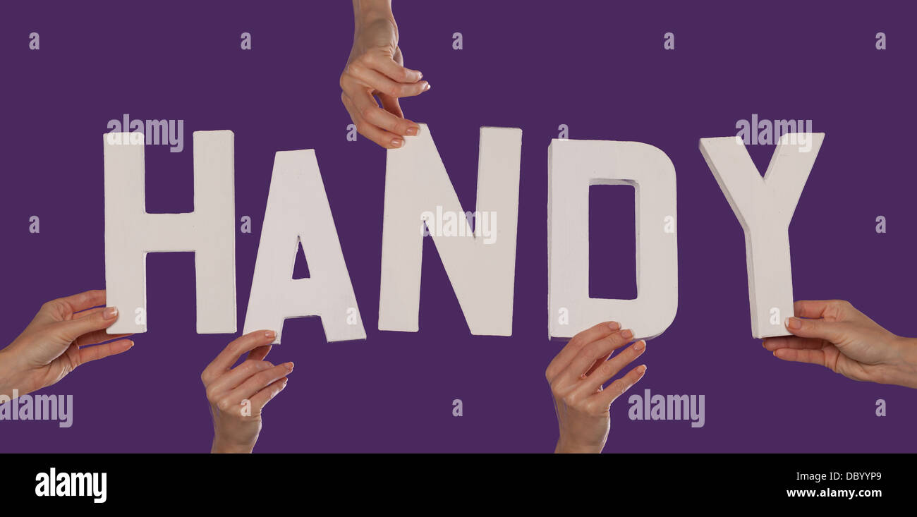 Weiße Beschriftung Rechtschreibung HANDY alphabet Stockfotografie - Alamy