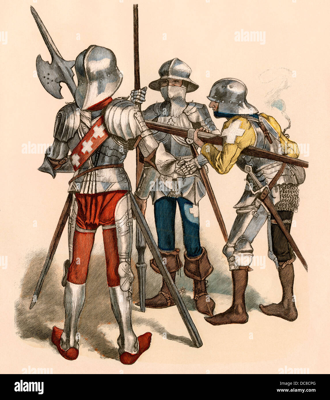 Schweizer Ritter im Kampf mit einem bombardieren und eine Hellebarde ...