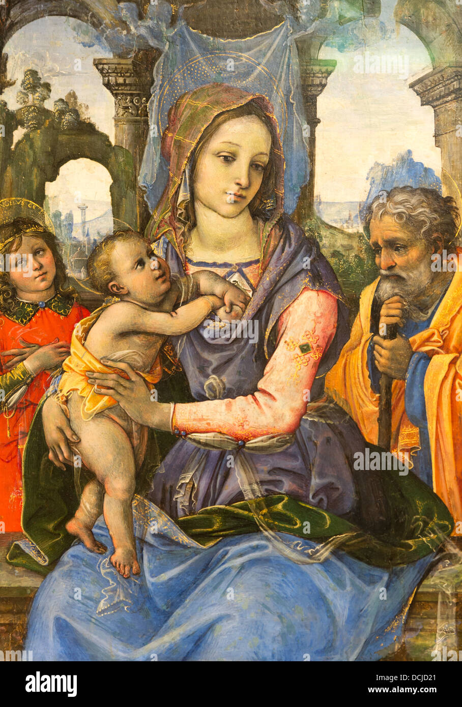 15. Jahrhundert - Madonna mit Kind und Heiligen Josef und einem Engel, 1490 Raffaellino del ...