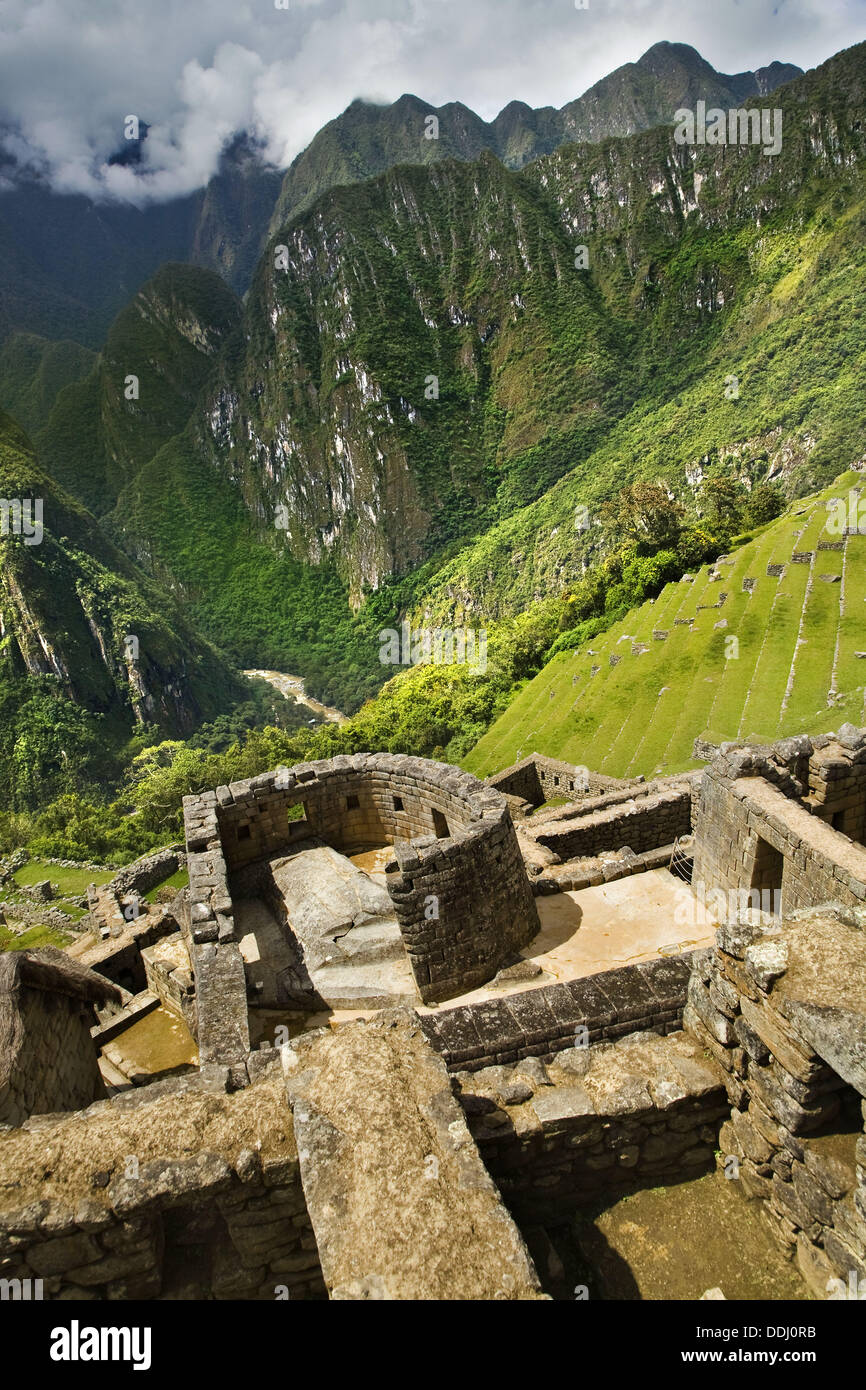 Tempel der Sonne Sternwarte, heilige Stadt Machu Picchu des Inka ...