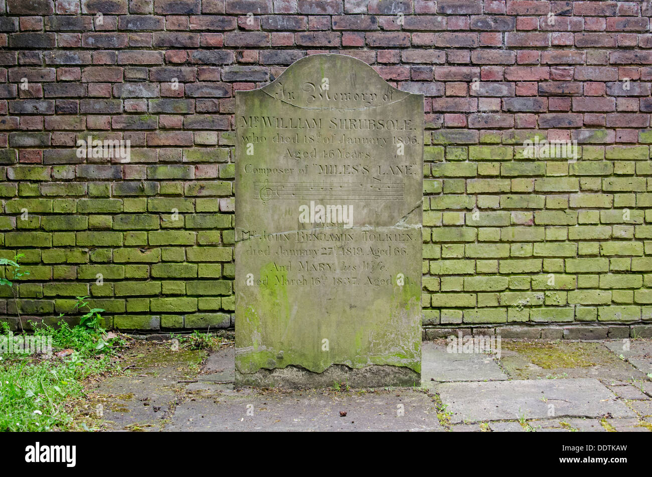 Ein Grabstein in Bunhill Felder Burial Ground Erinnerung an Herrn William Shrubsole, Herr ...