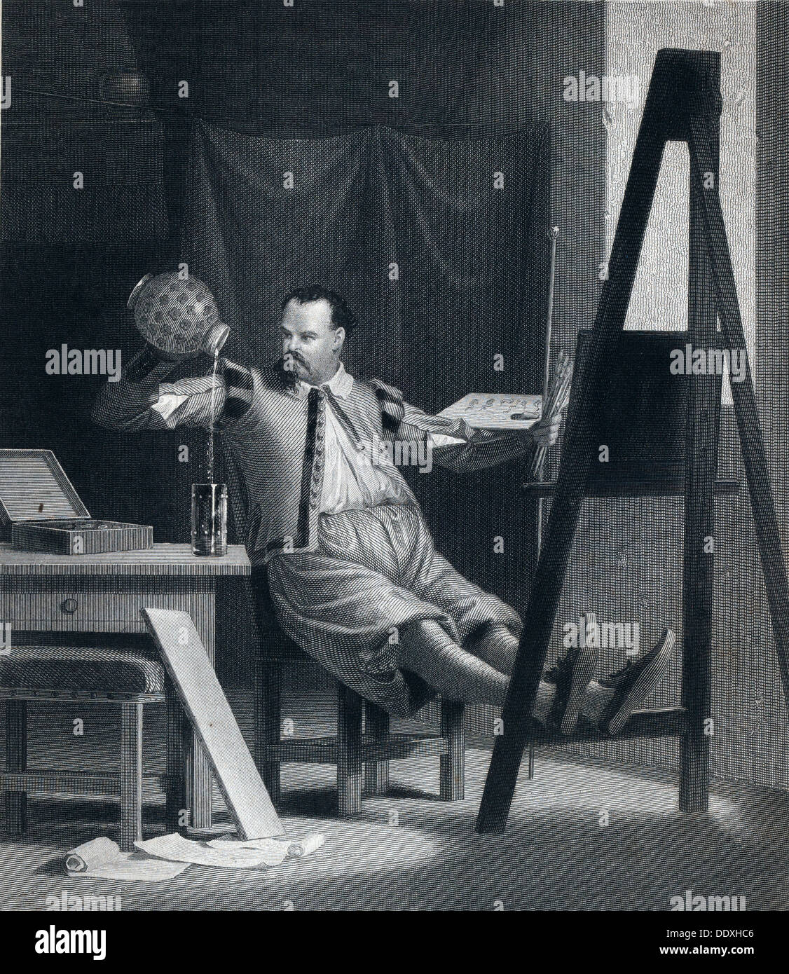 Der Maler entspannend. Maler, Bier, Bierglas, Bier Krug, Bleistifte ...