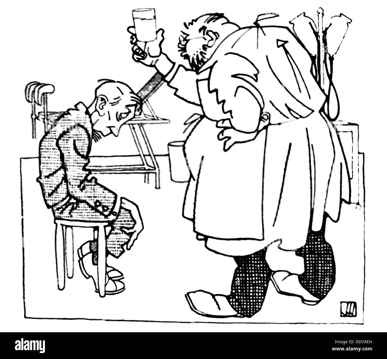 Medizin,Karikatur,Arzt, der die Probe im Glas betrachtet,Zeichnung,2 ...