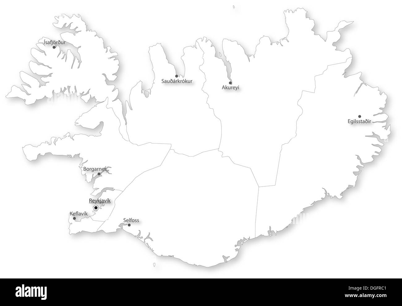 Karte von Island mit Regionen und Hauptstädte auf weiß. In WGS 84 Welt ...