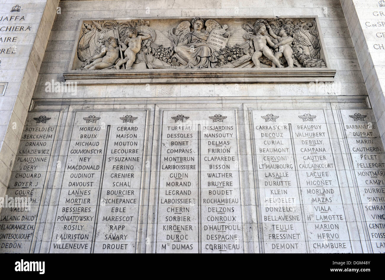 Wandreliefs mit Namen und Inschriften, Arc de Triomphe, Place Charles ...