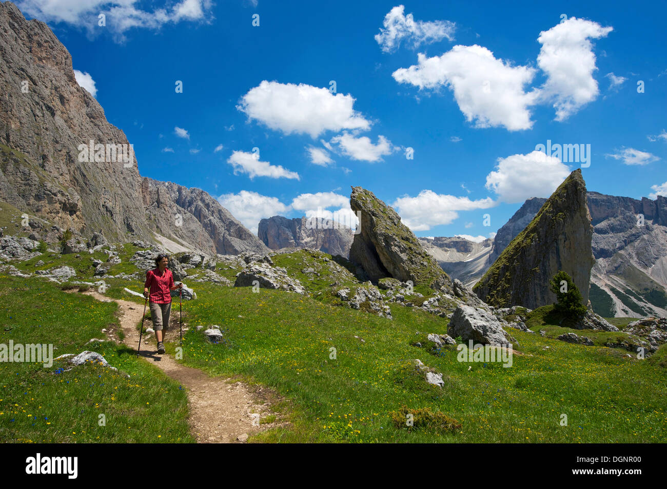 Frau auf der Alm Malga Alm unterhalb der Geisler-Berge, Seceda Berg ...