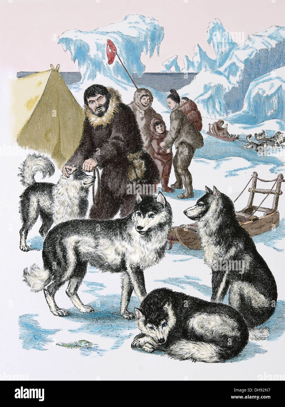 Amerika. Alaska. Eskimo Jäger mit Hunden, 1880. Gravur. Spätere Färbung ...