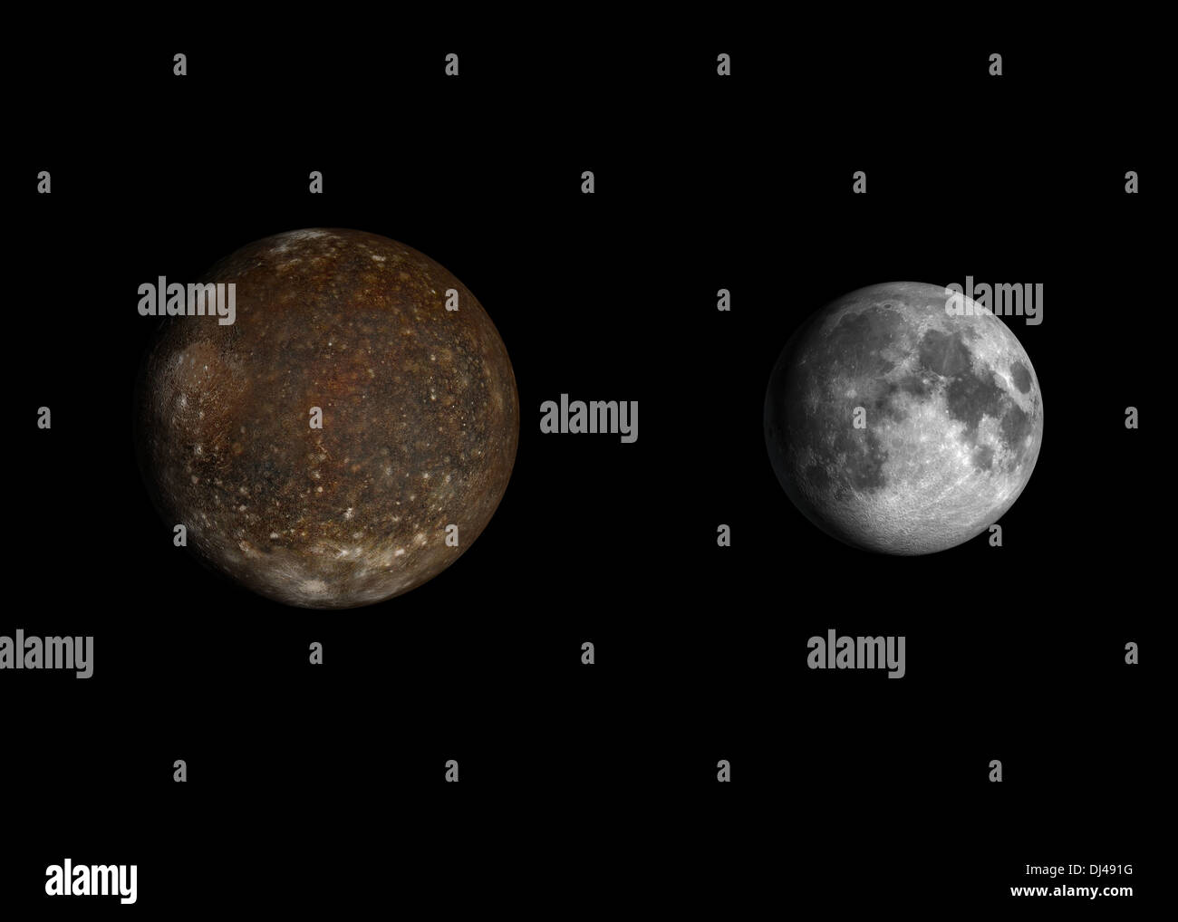 Eine gerenderte Größenvergleich der Jupiter-Mond Callisto und der Erde ...