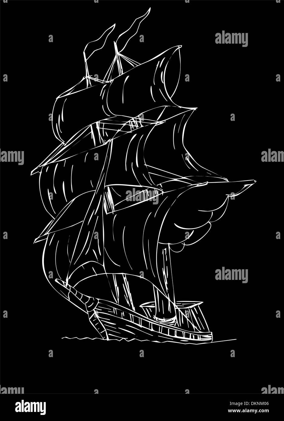 Illustration von hohen Masten Segelschiff mit Segel geöffnet und Fahnen ...