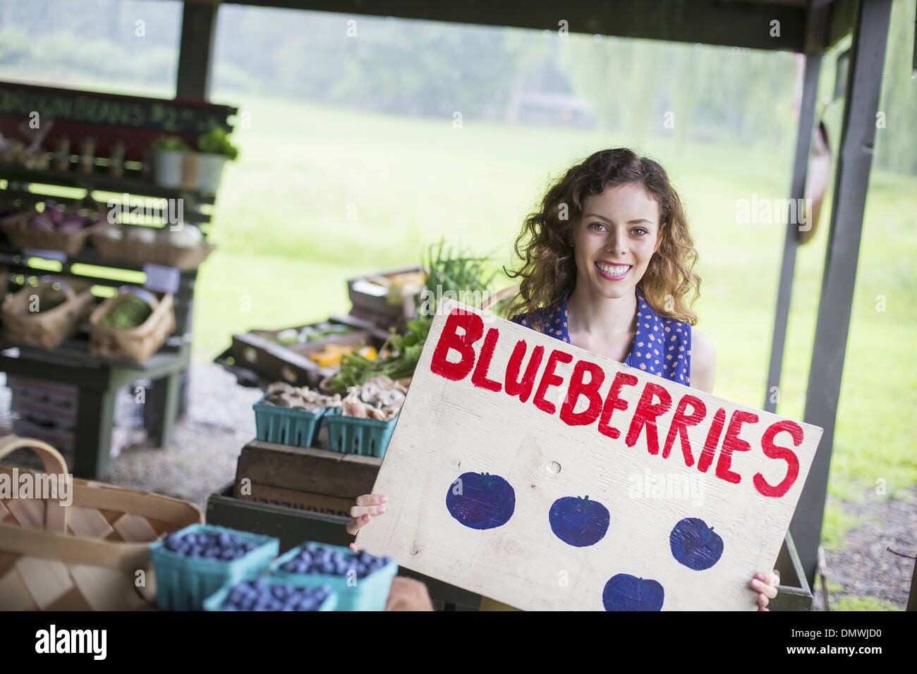 Ein Bio-Obst und Gemüse Bauernhof. Eine Person mit einem Schild ...