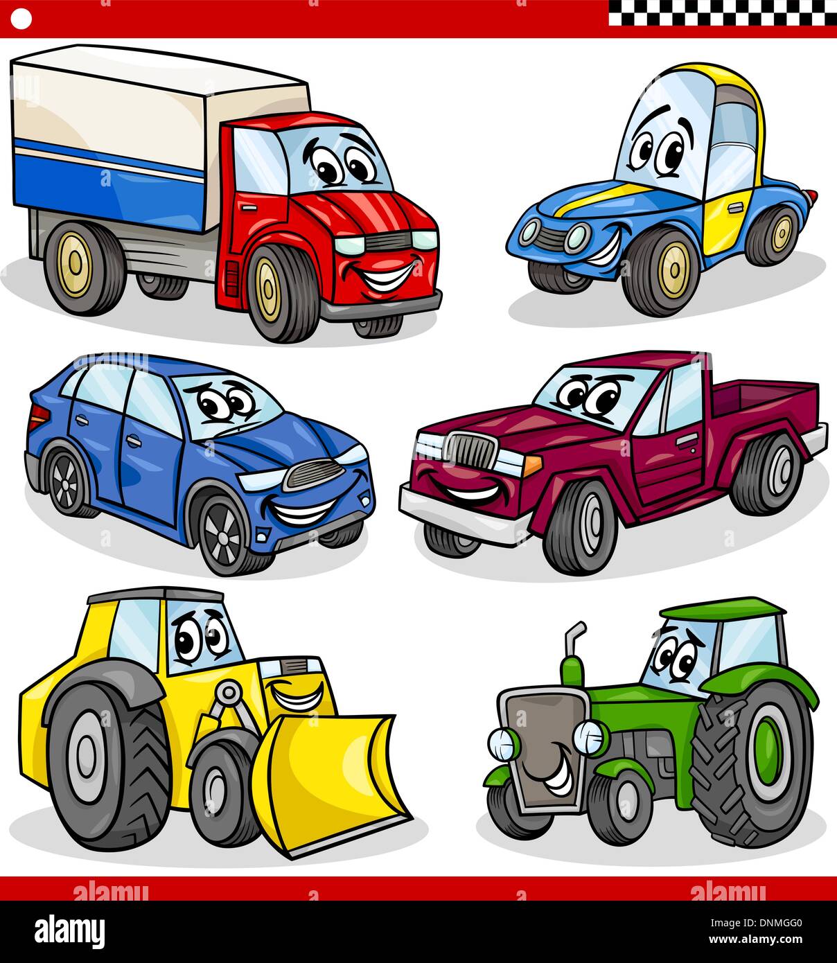 Cartoon-Illustration von Autos und Lkw Fahrzeuge und Maschinen-Comic ...