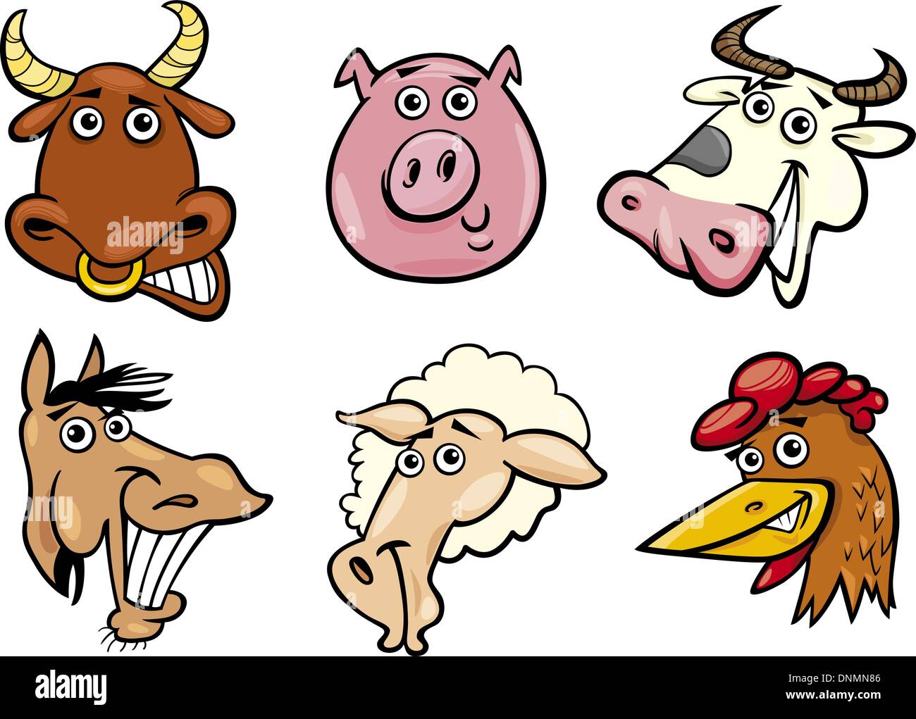 Comic Illustration Von Anderen Funny Farm Tiere Köpfe Set Bull Schwein Kuh Pferd Schaf Und