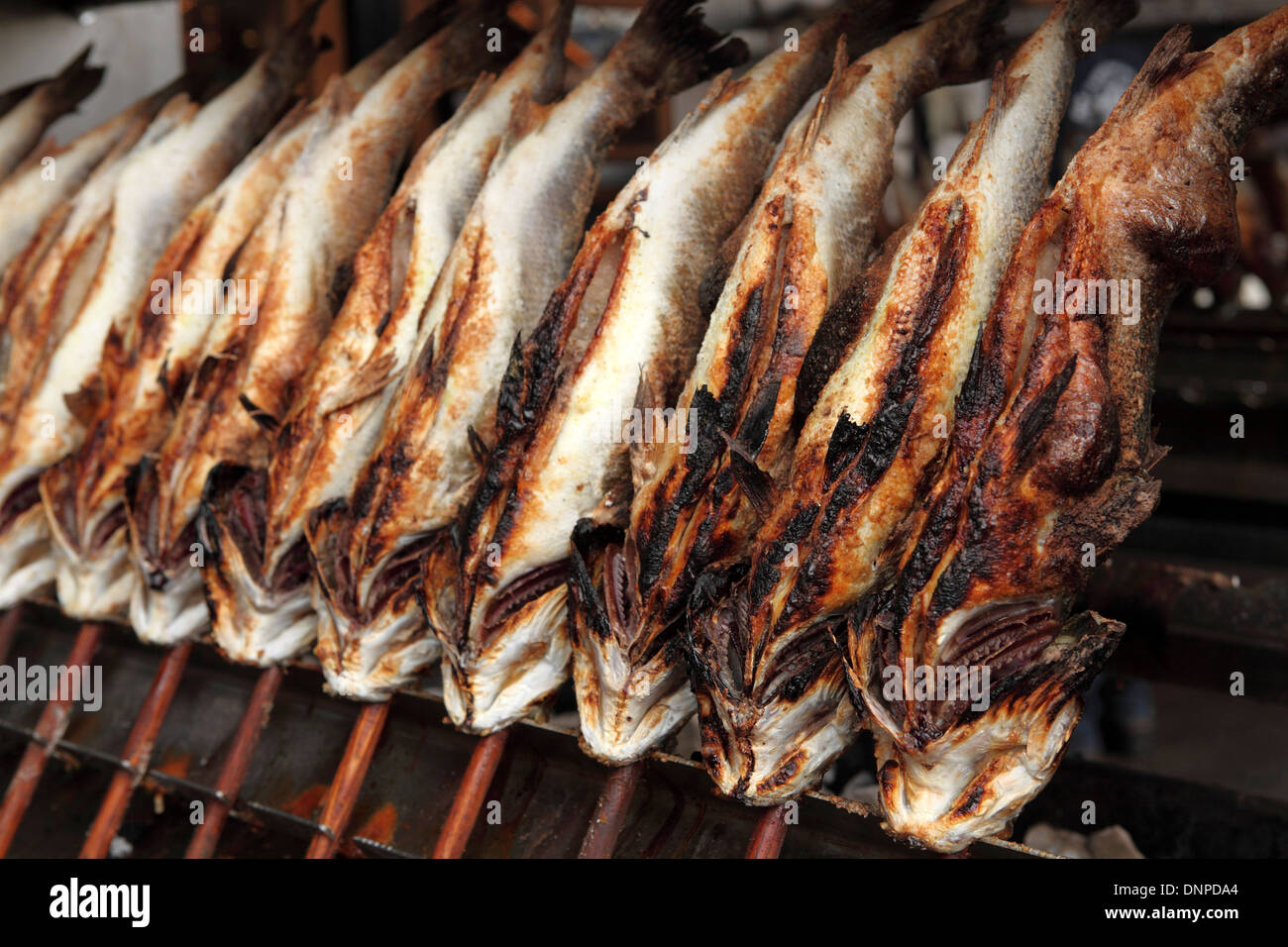 Steckerlfisch ("Fish Sticks") Koch über Holzkohle auf dem Oktoberfest ...
